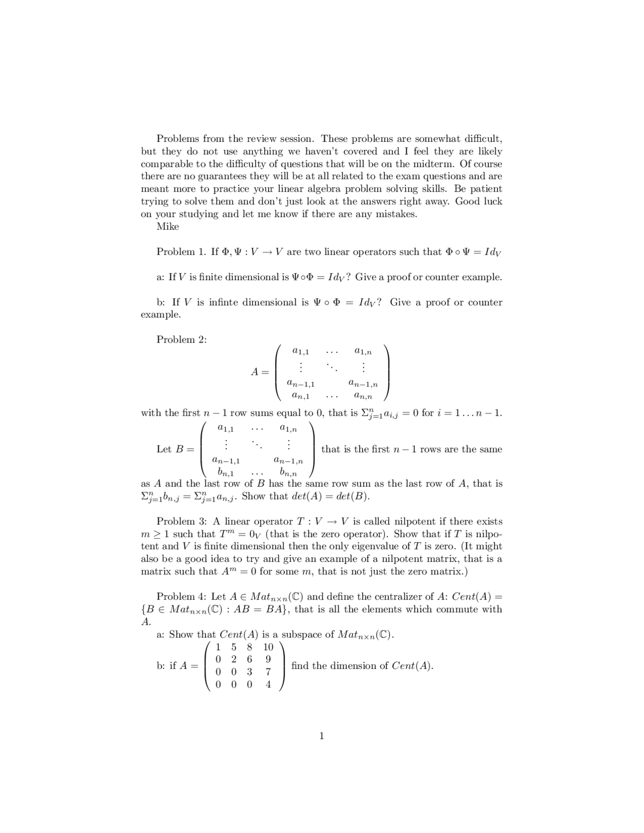 Problems For Midterm Exam Linear Algebra Math 115a Docsity