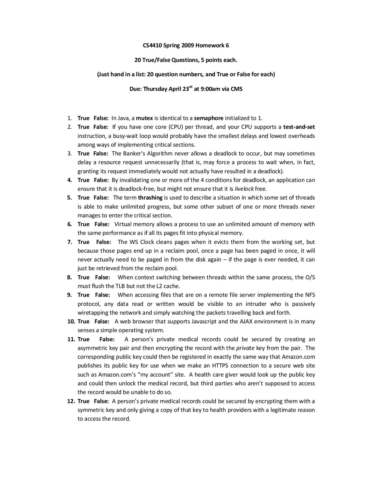 20 True-False Questions on Operating Systems - Problem Set 6 | CS 4410 | Assignments Operating ...