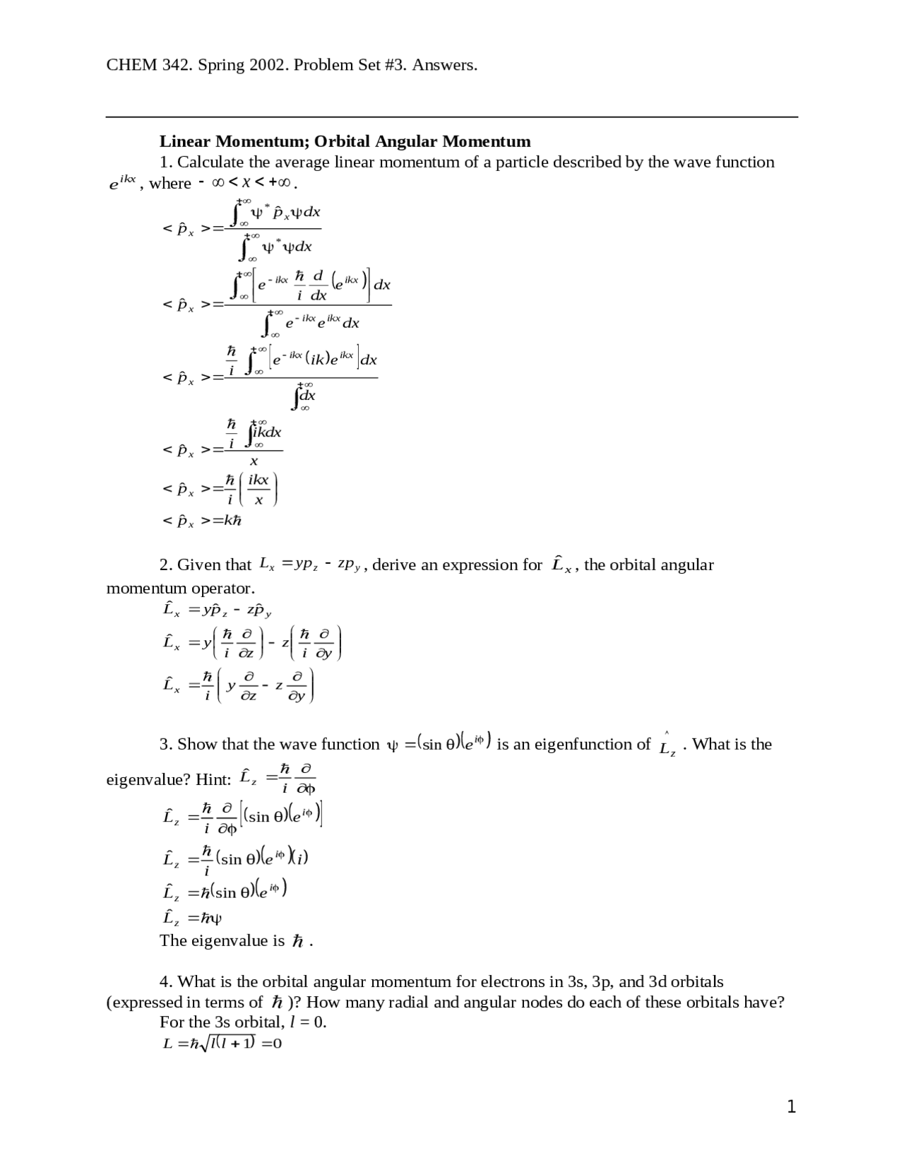 Problems With Answers Orbital Angular Momentum Chem 3420 Docsity