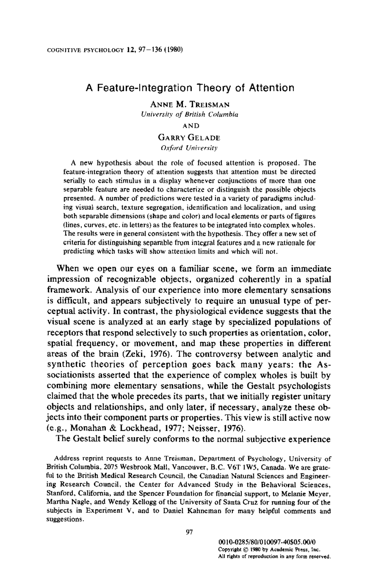 A Feature Integration Theory Of Attention Psy 355 Docsity