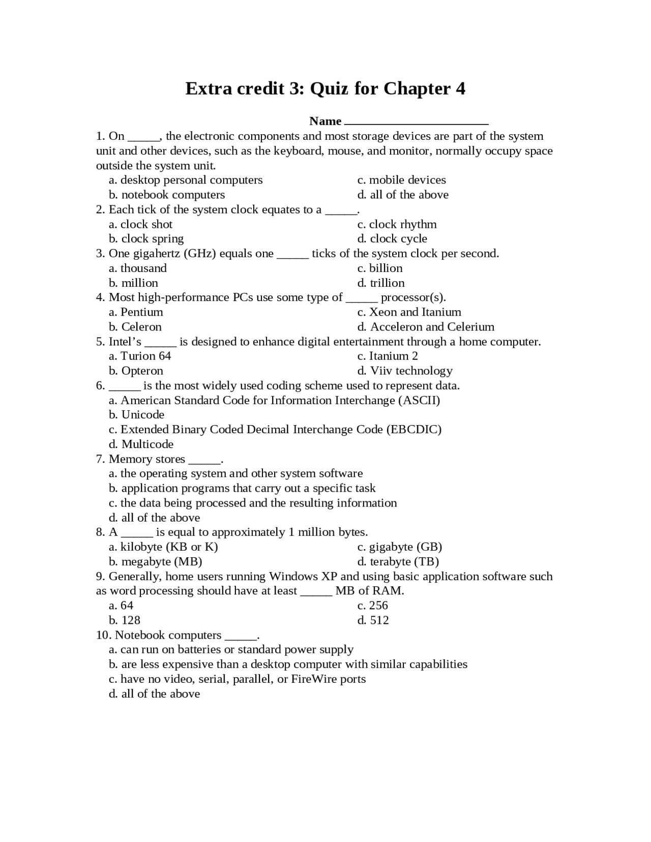 Business Computer Applications Quiz 3 Csc 1010 Docsity