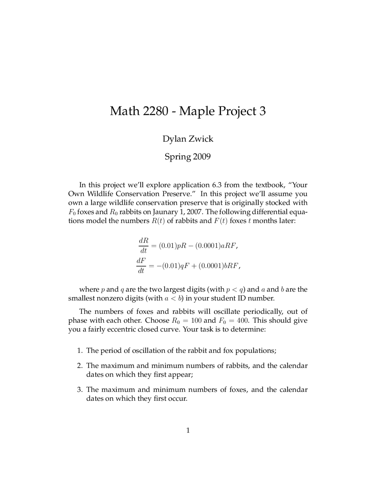 Maple Project 3 Differential Equations Math 2280 Docsity