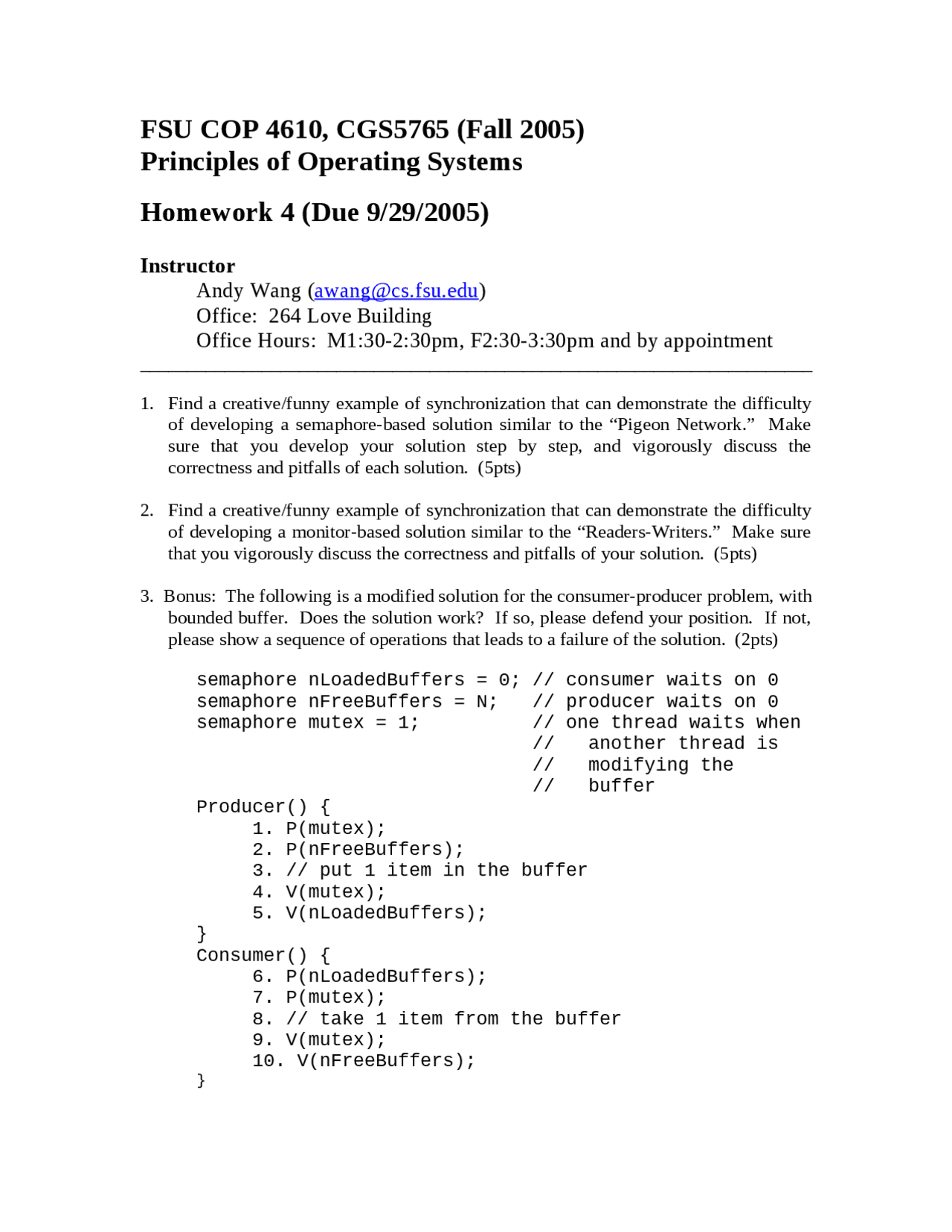 Principles Of Operating Systems Homework 4 Cop 4610 Docsity