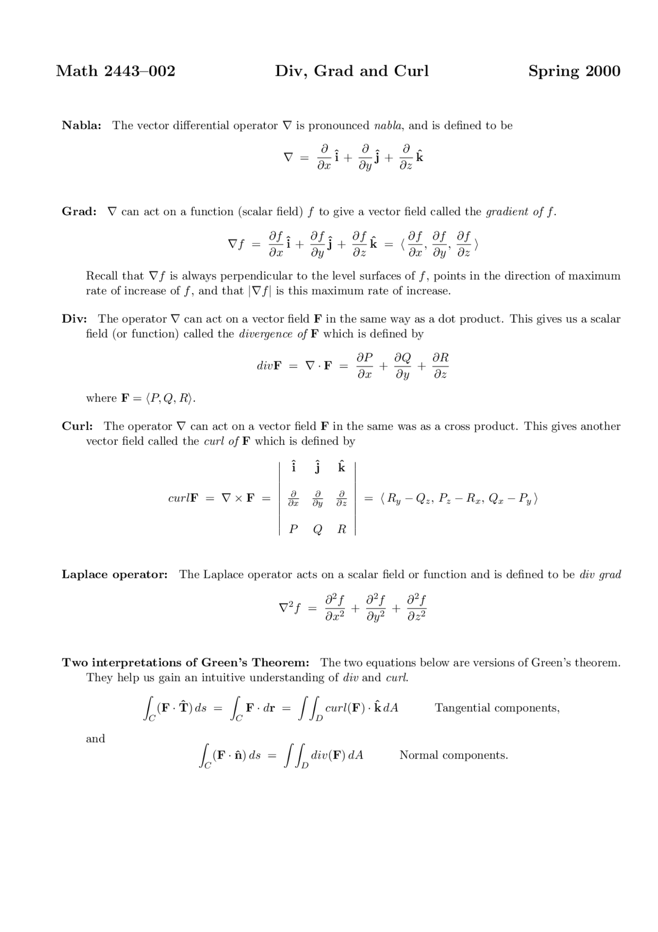 Gradient Divergence And Curl And Lecture Notes Math 2443 Docsity