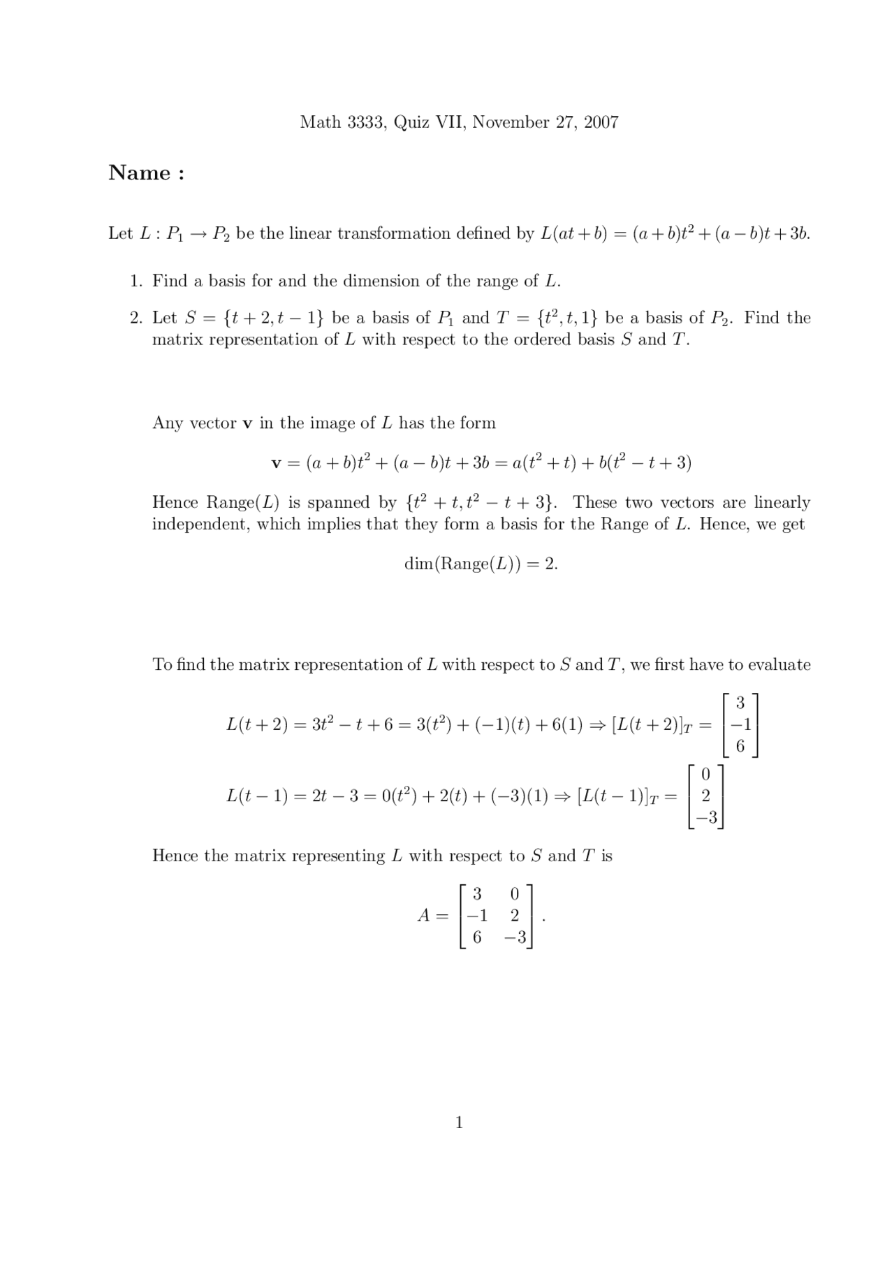 Math 3333 Quiz VII: Basis & Matrix of Linear Transformation | Quizzes Linear Algebra | Docsity