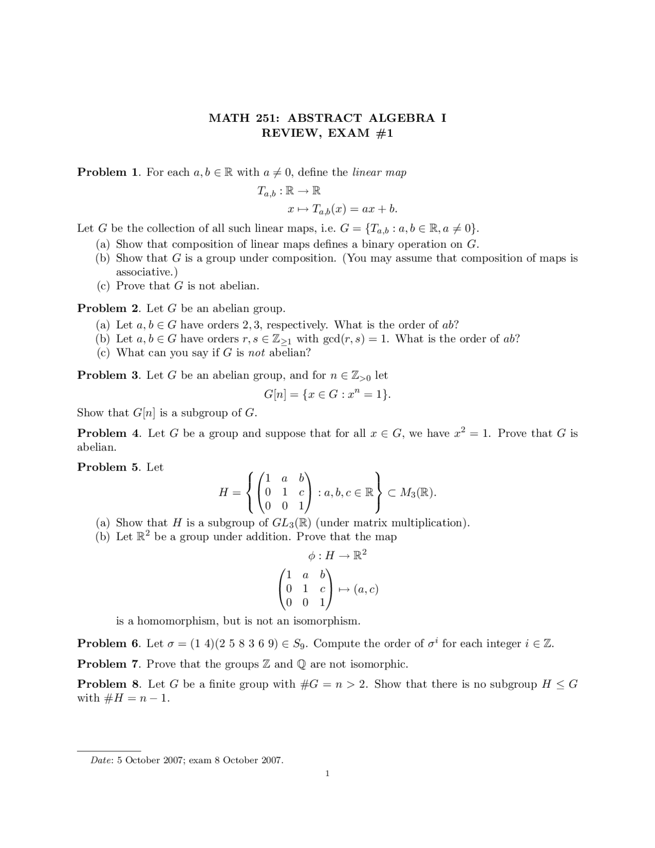 8 Problems On Abstract Algebra I Review Exam 1 Math 251 Docsity