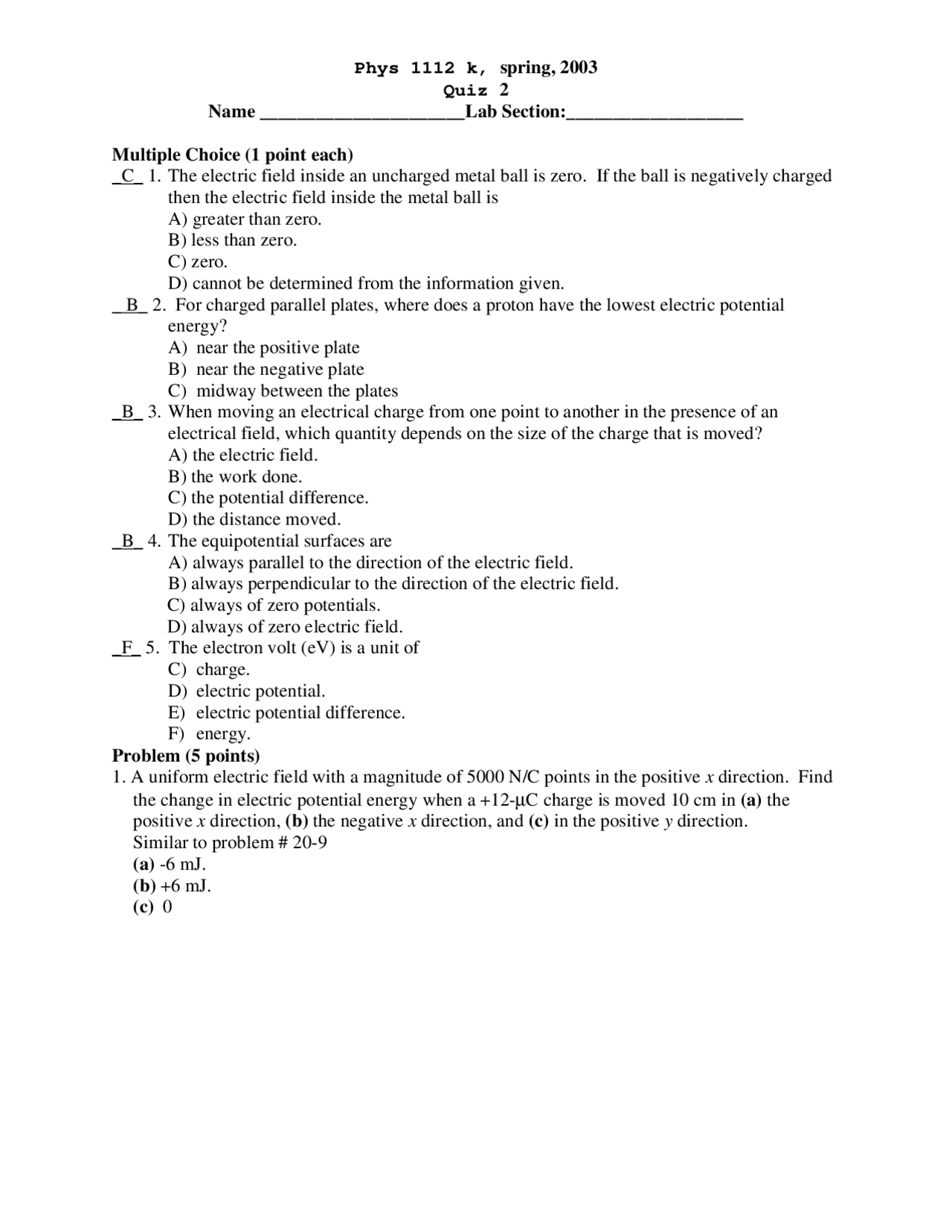 Questions On Introductory Physics Ii Quiz Ii Phys 1112k Docsity