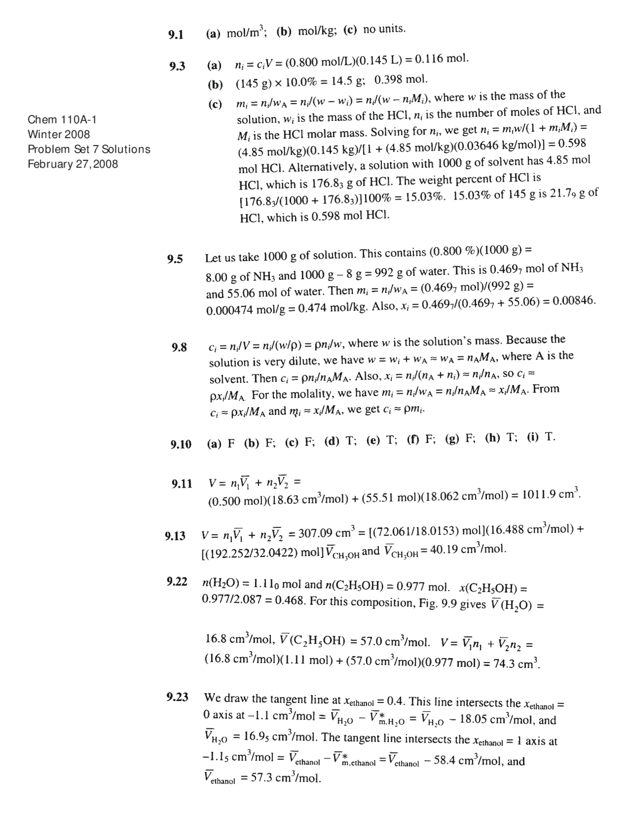 Problem Set 7 Solutions Physical Chemistry Chemical Thermodynamics