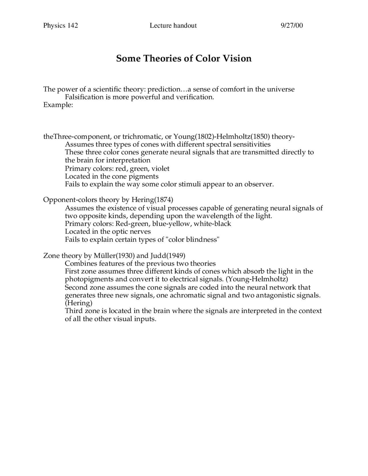 Some Theories Of Color Vision Lecture Handout Phys 142 Docsity