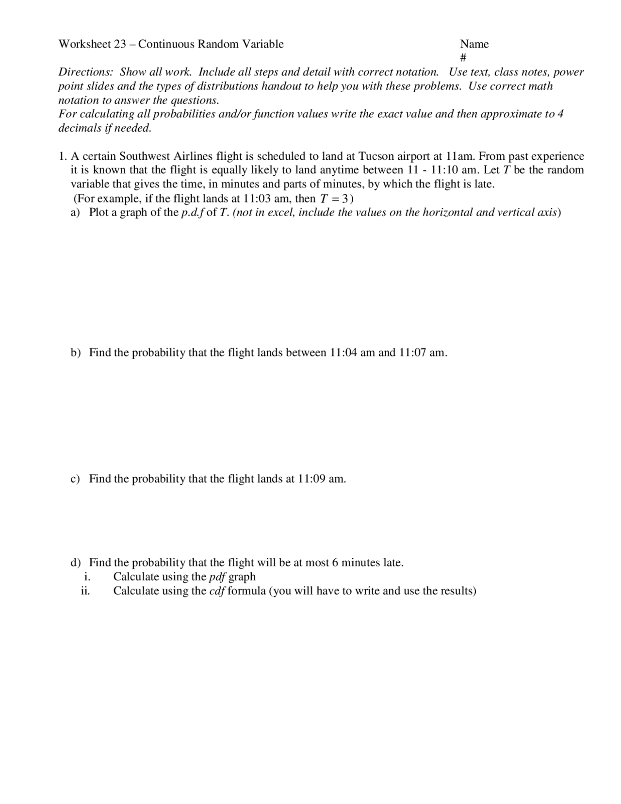 Worksheet 23 Continuous Random Variable Math 115a Docsity