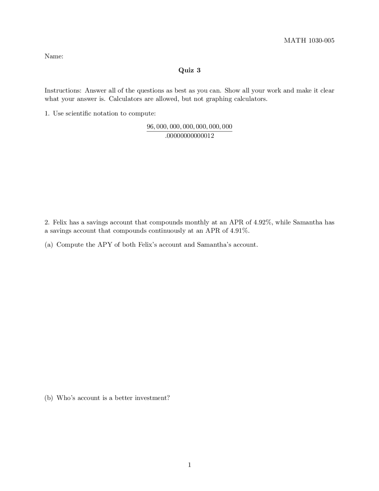 Quiz 3 Questions Introduction To Quantitative Reasoning Math 1030