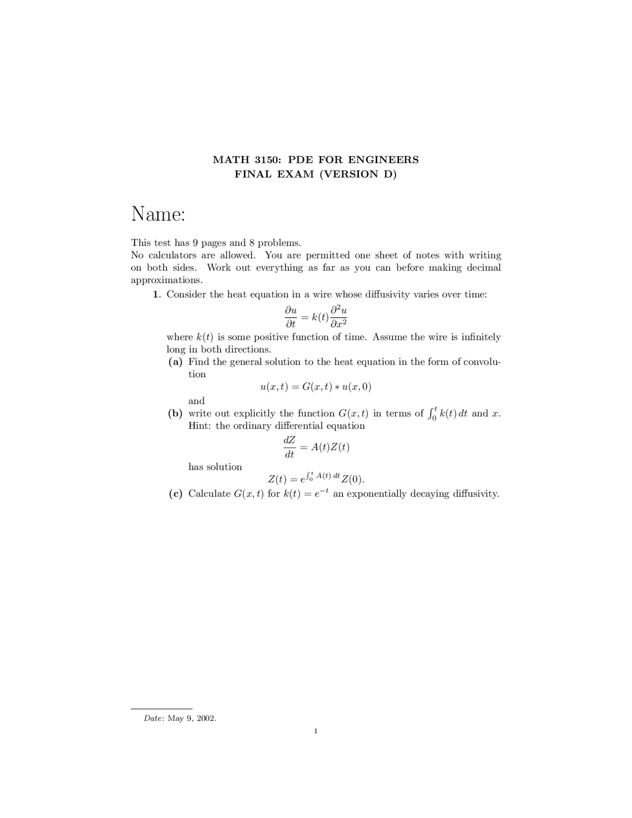 8 Questions On Pdes For Engineers Final Exam Math 3150 Docsity