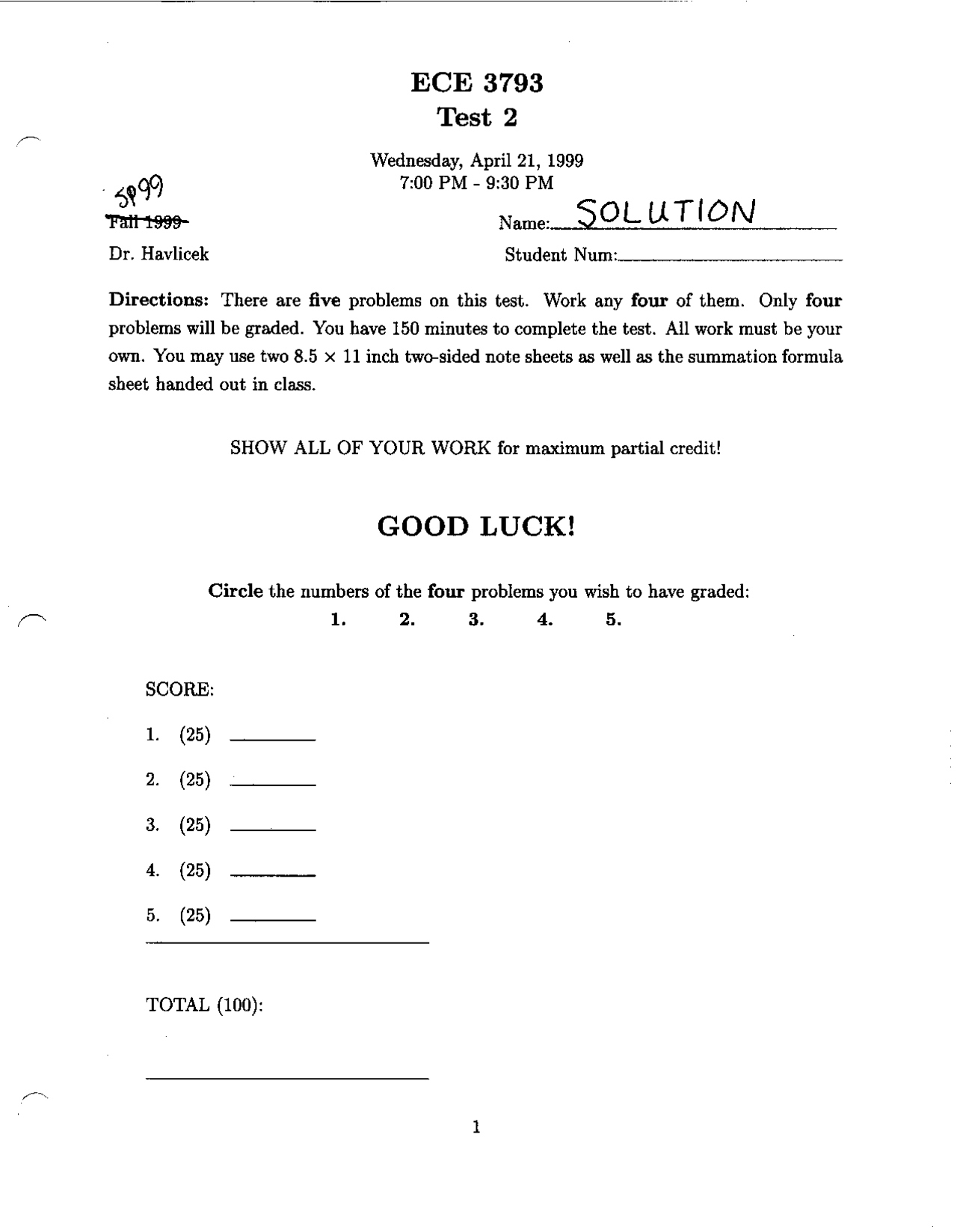 Test 2 With Resolution Signals And Systems Ece 3793 Docsity