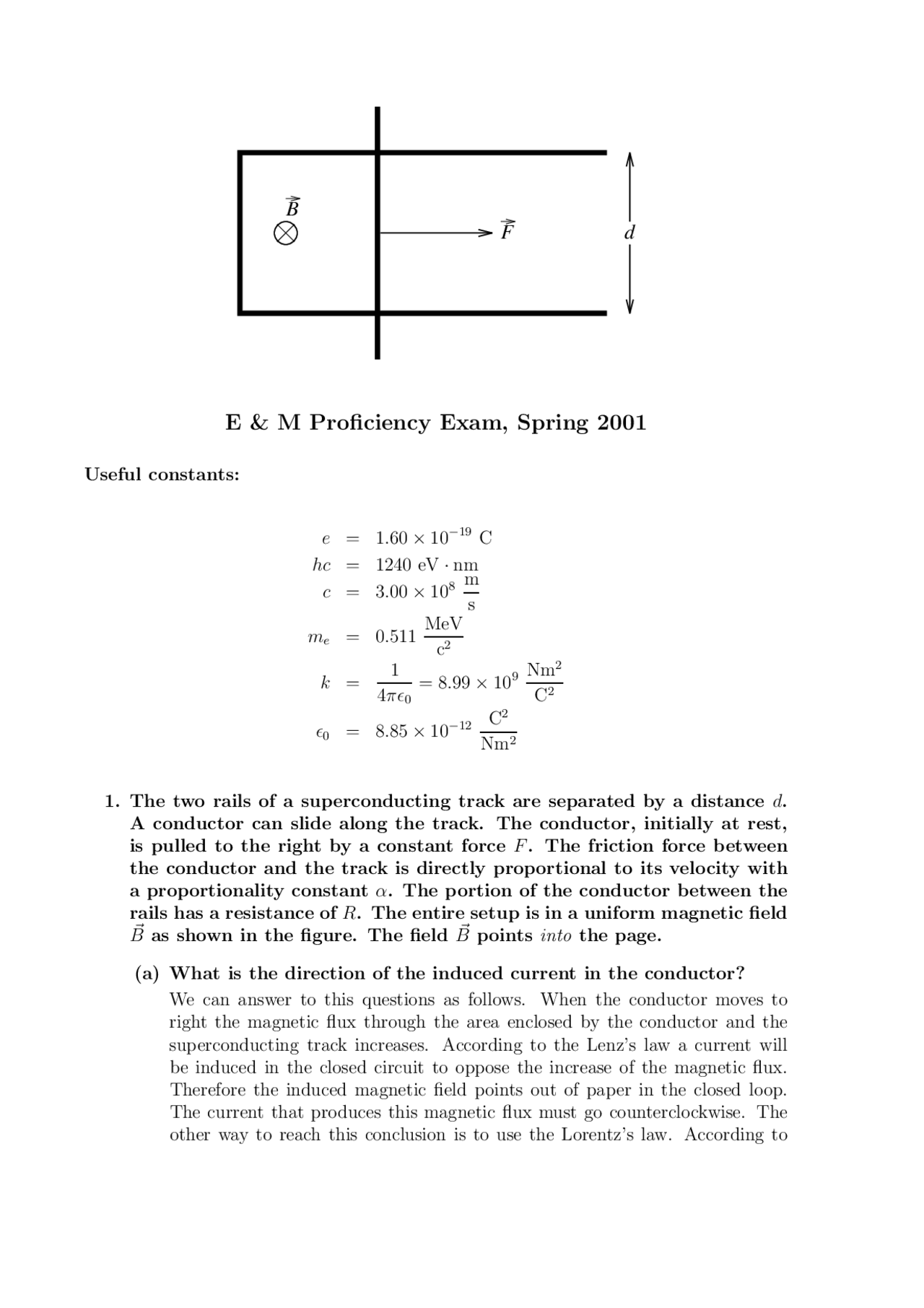 E and M Proficiency Exam - Graduate Problem Solving | PHY 6938 | Exams Physics | Docsity