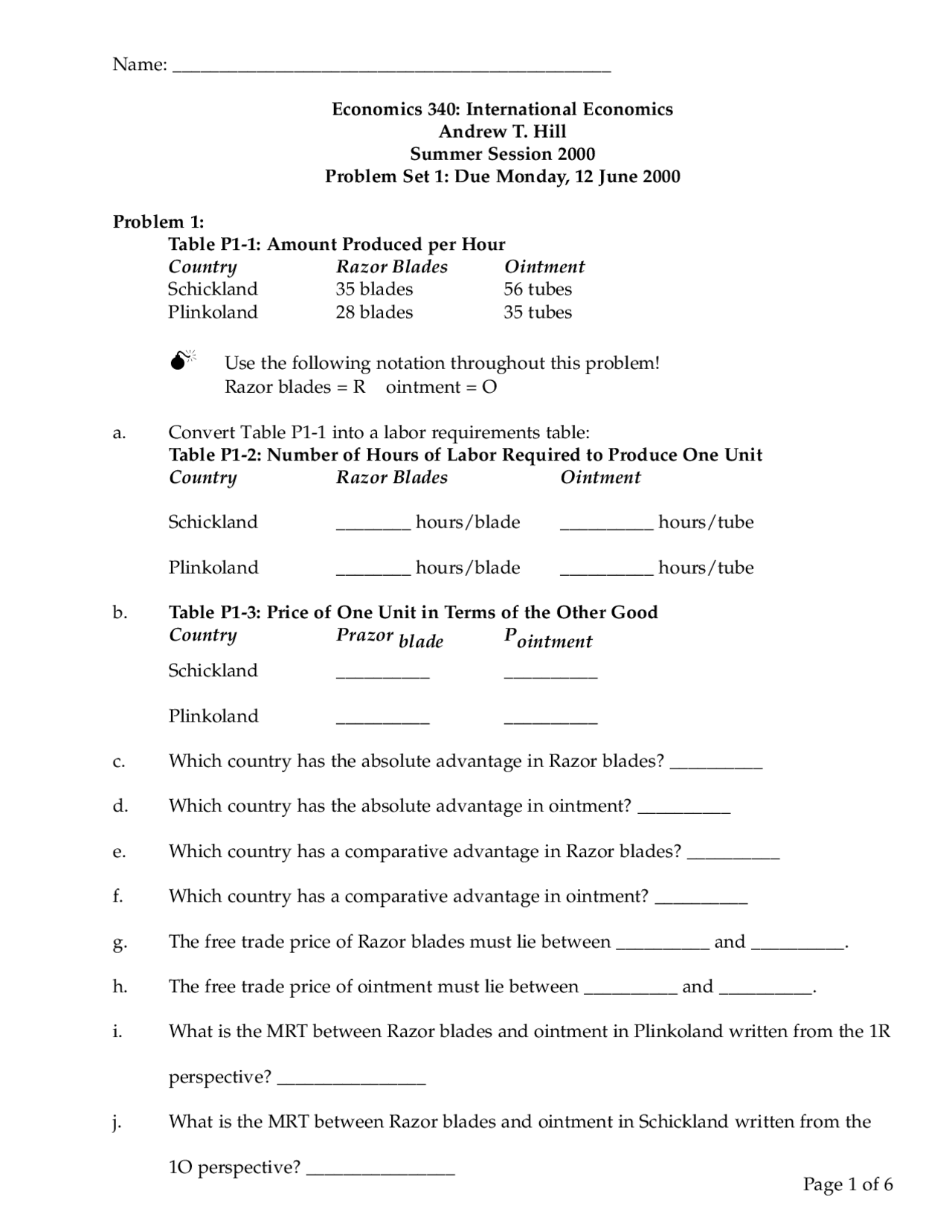 International Economics Problem Set 1: Comparative Advantage and Free ...