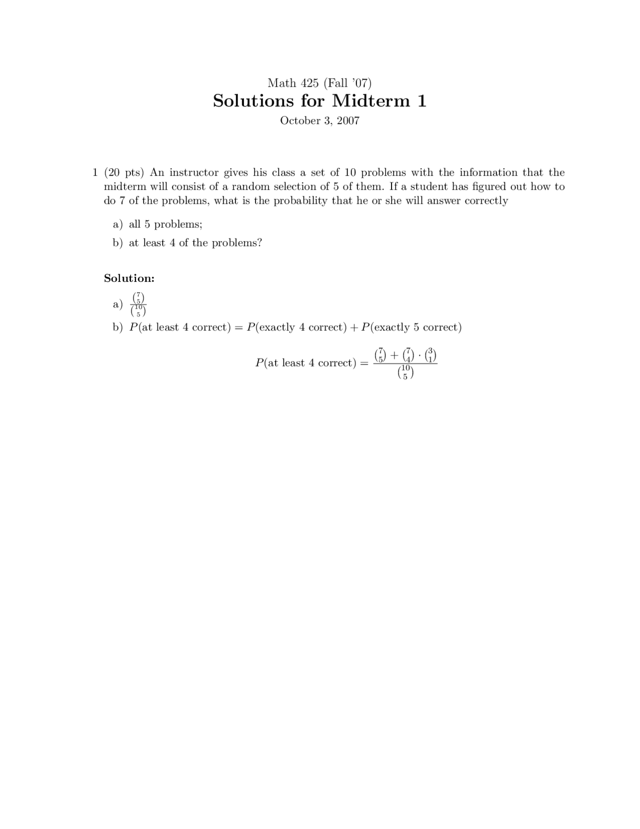 Midterm Exam with Solution for Introduction to Probability | MATH 425 | Exams Statistics | Docsity