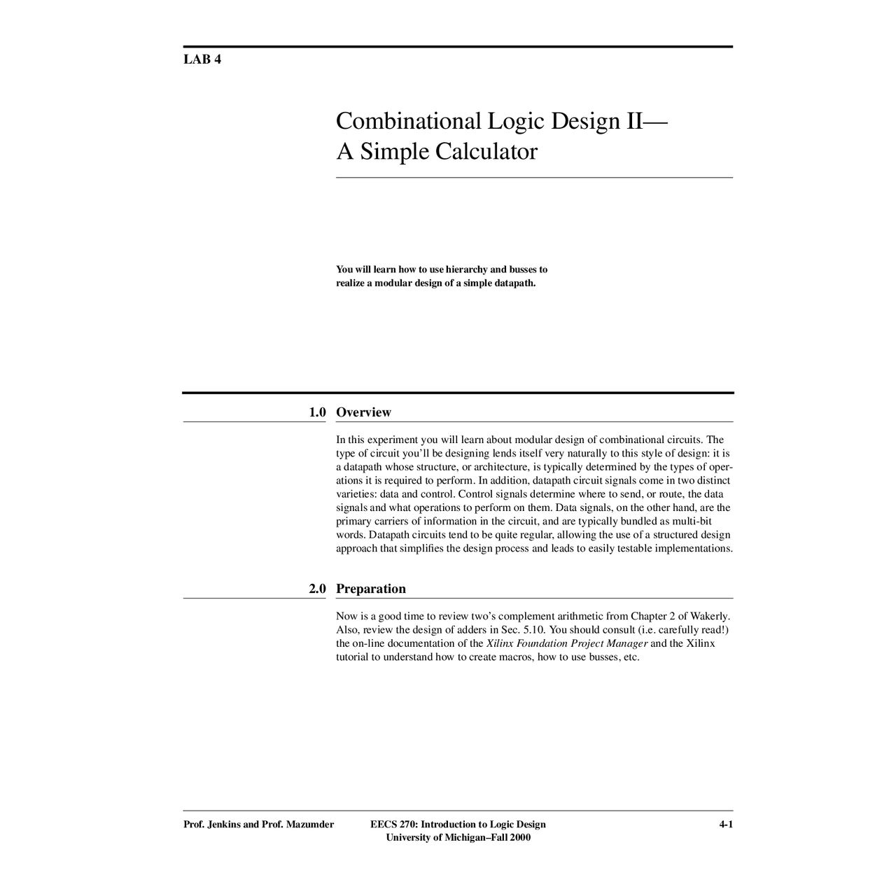Lab 4: Combinational Logic Design II a Simple Calculator | EECS 270 | Lab Reports Electrical and ...