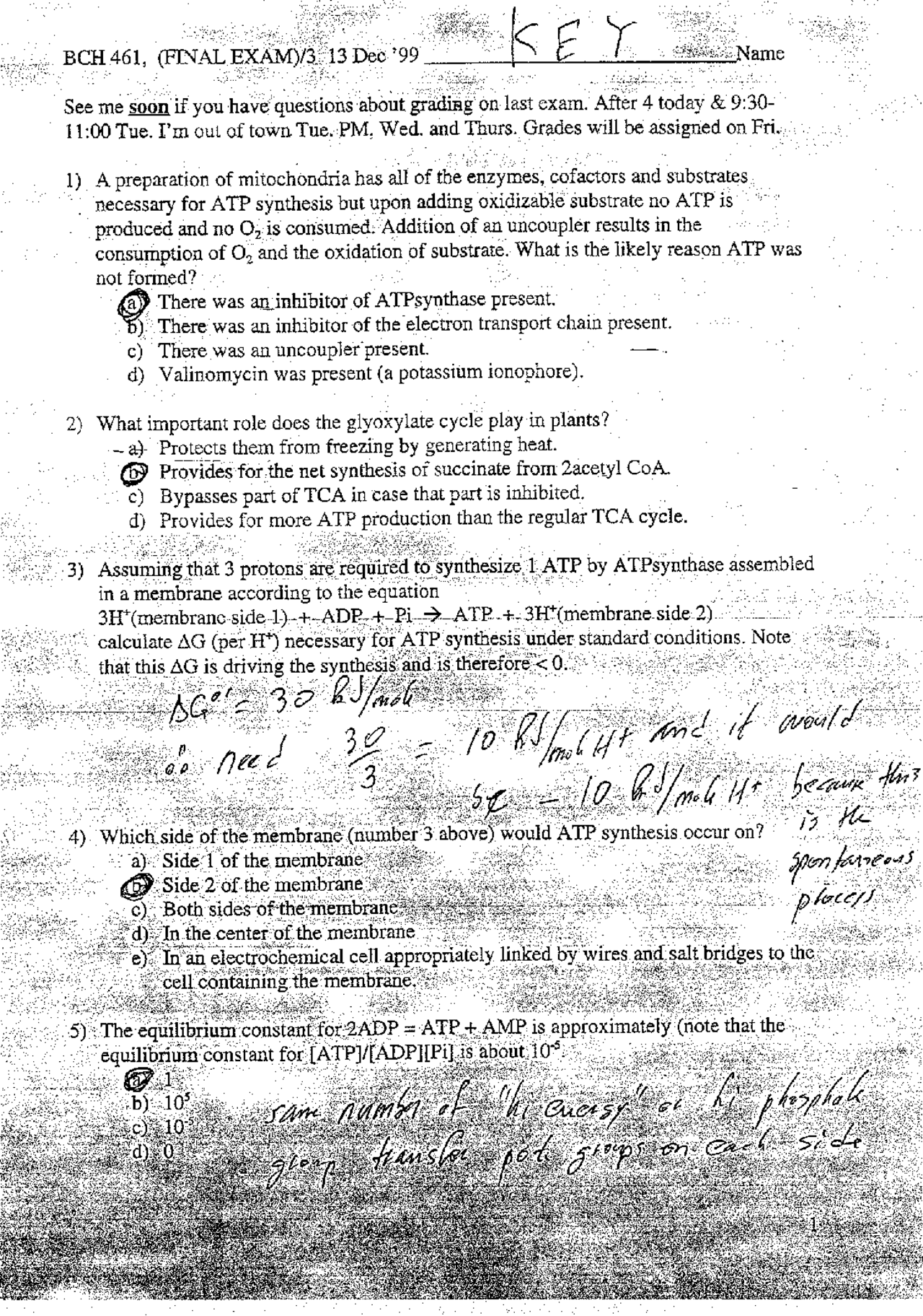 Solution Key For Final Exam General Biochemistry Bch 461 Docsity