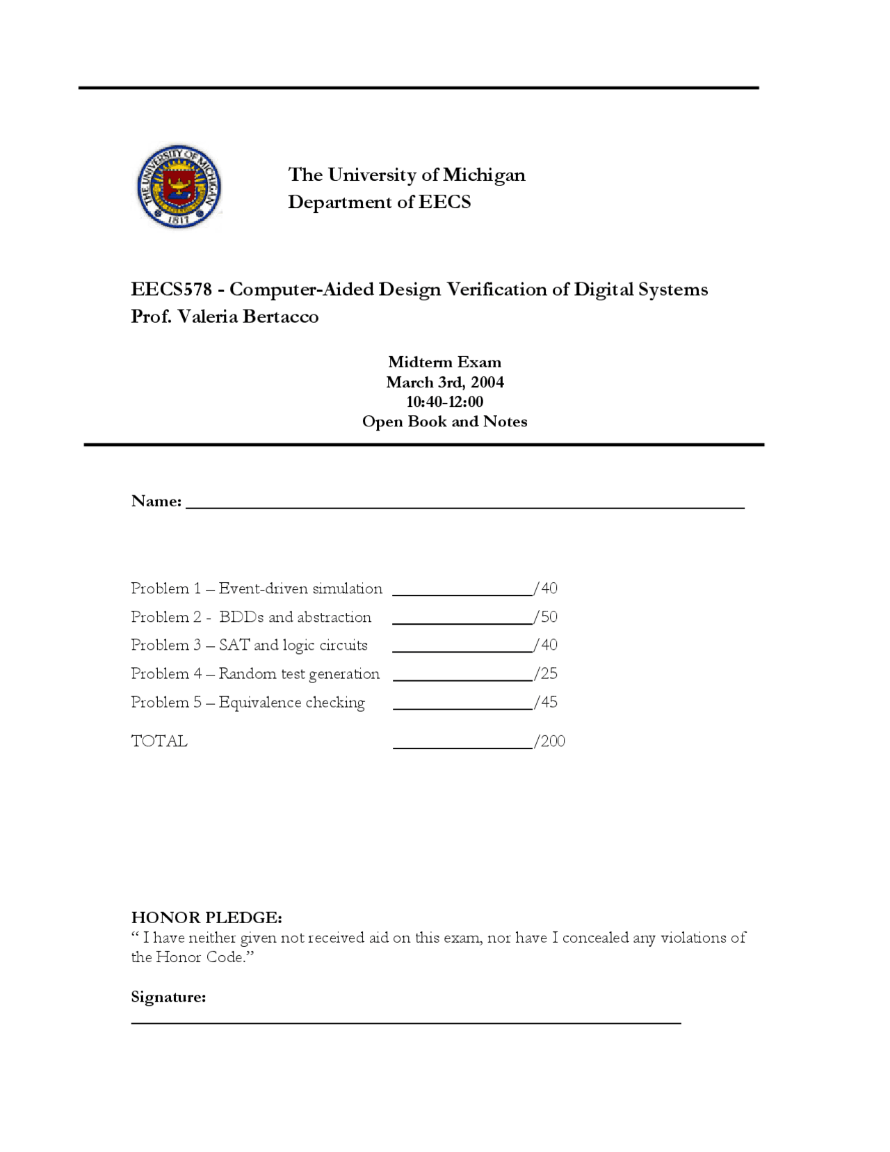 Midterm Exam Problems Computer Aided Design Verification Of Digital