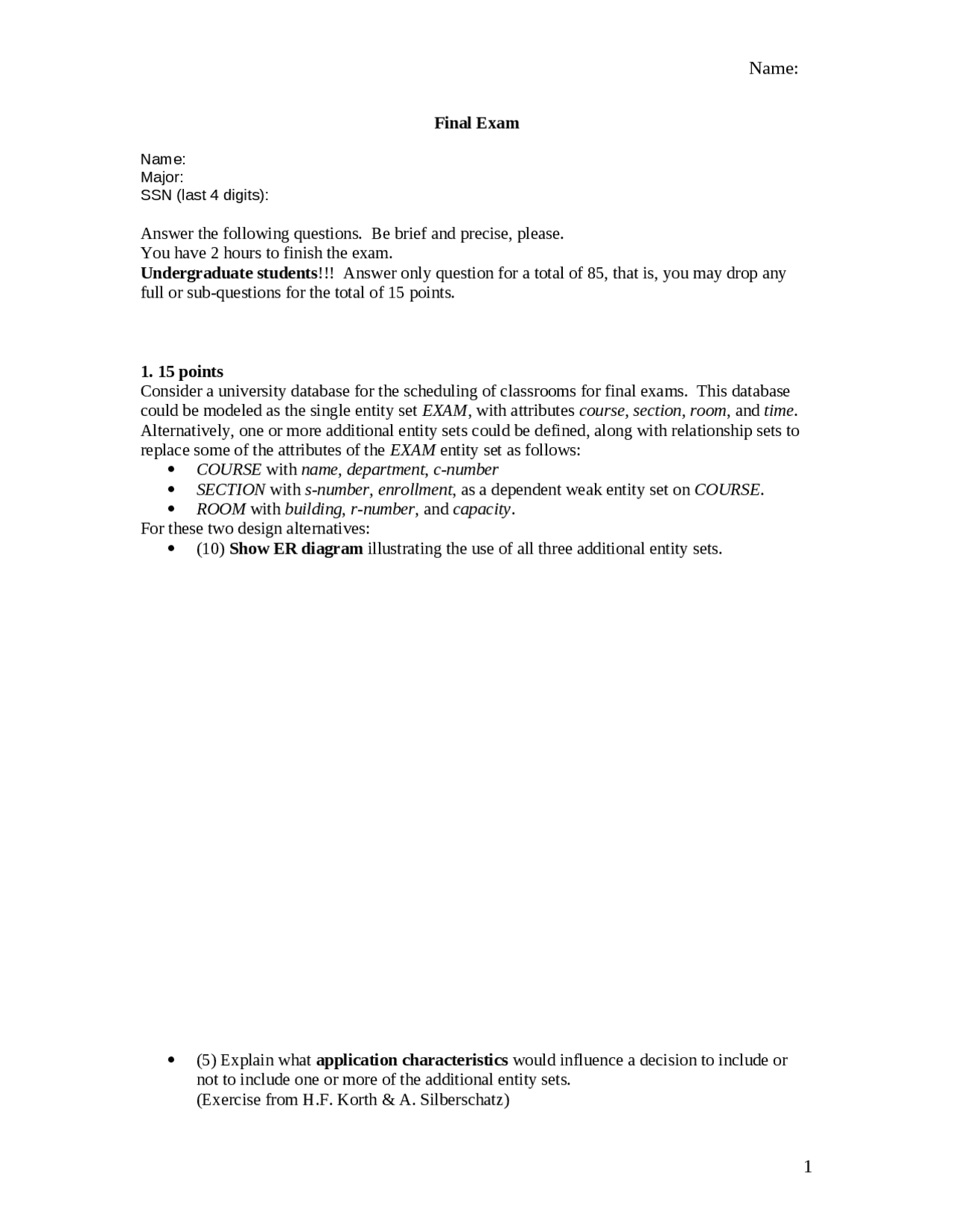 Final Exam For Database System Design Csce 520 Docsity