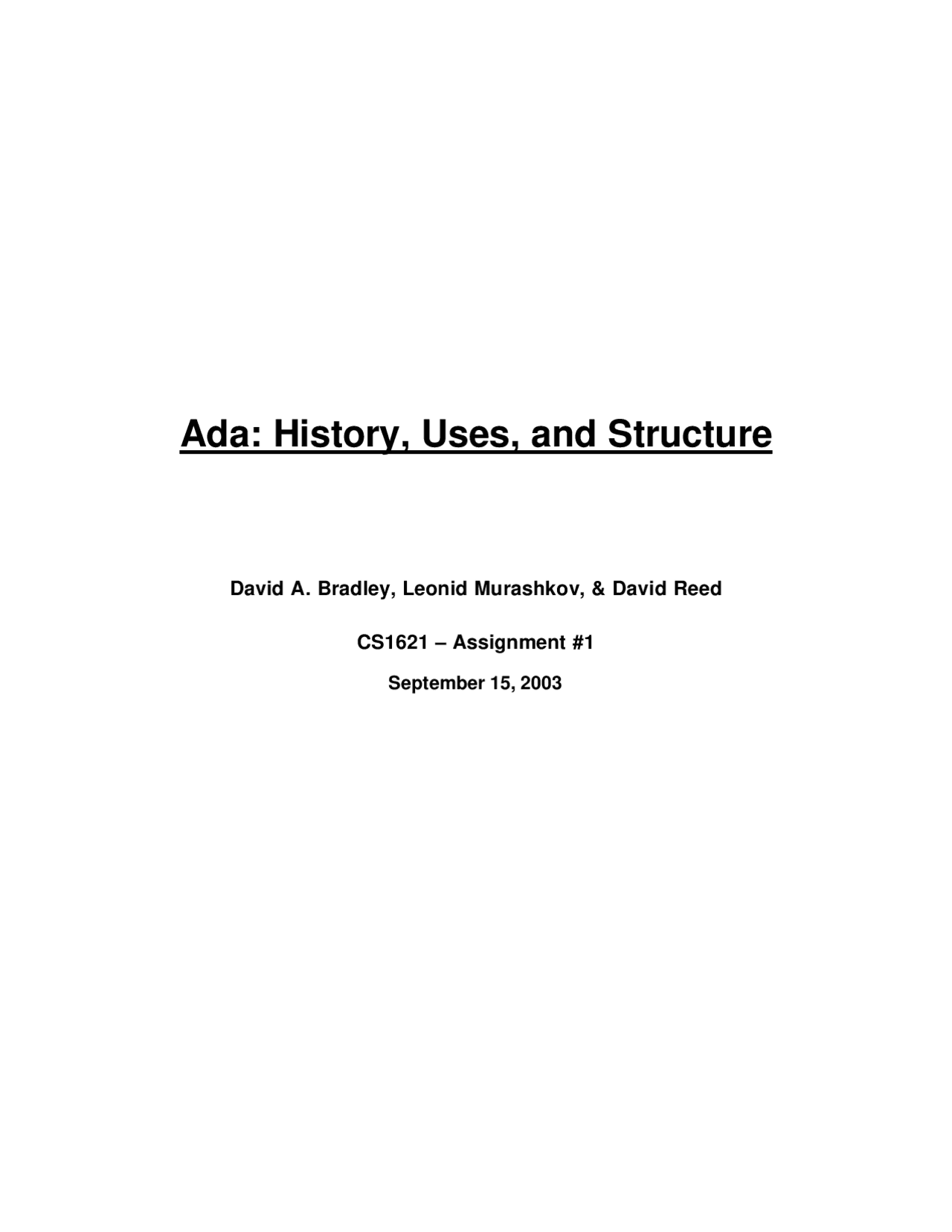 Ada; History, Uses and Structure - Assignment 1 | CS 1621 - Docsity