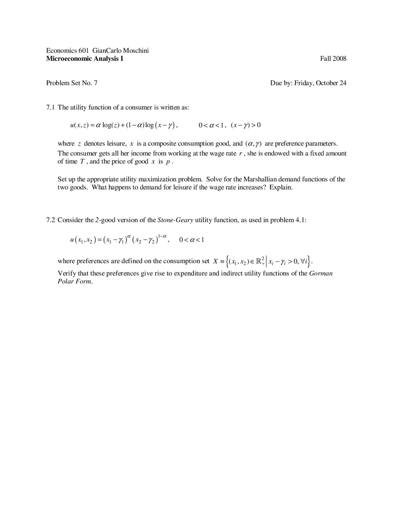 Problem Set 7 Microeconomics Analysis I Econ 601 Docsity
