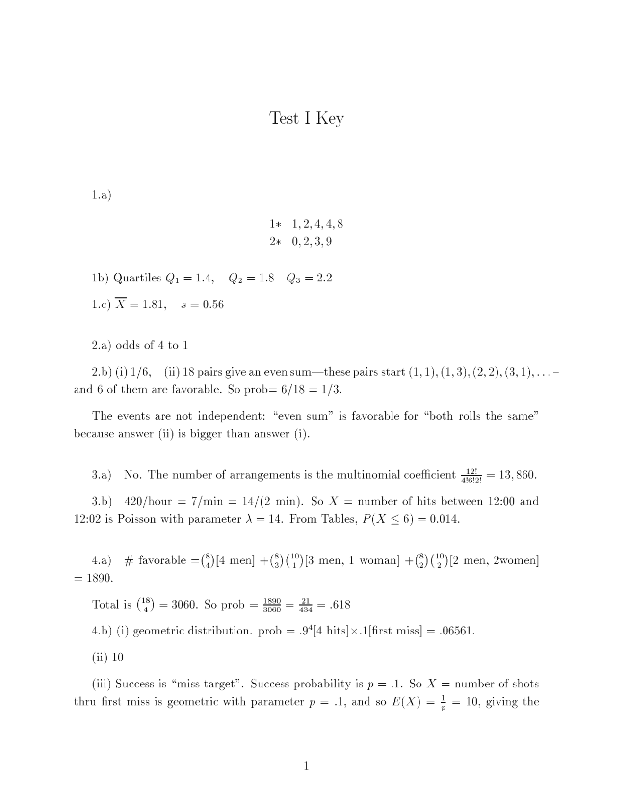 Exam 1 With Solution Key Introductory Statistics For Engineers Stat