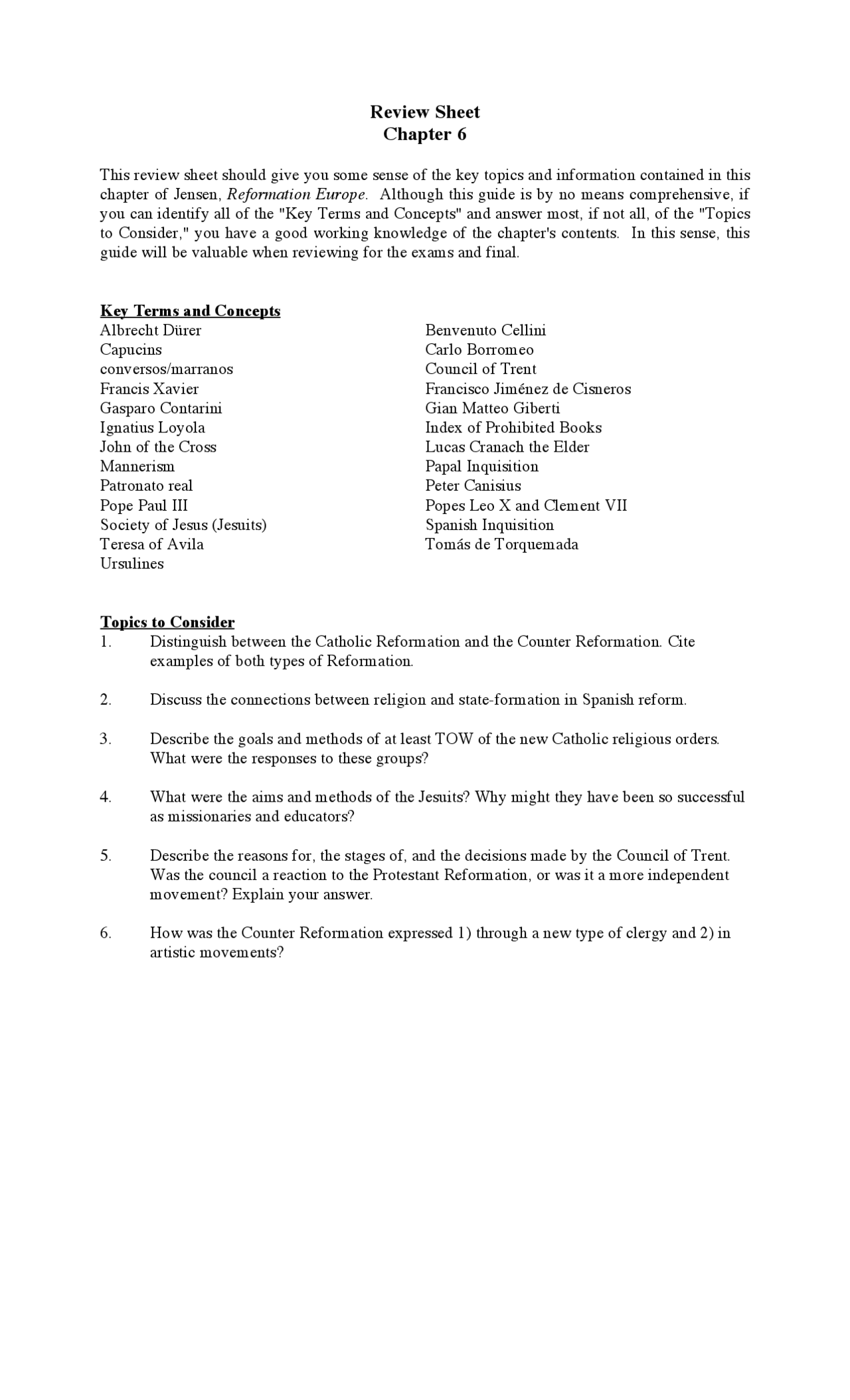 Review Sheet for Age of Reformation | HIST 310 - Docsity