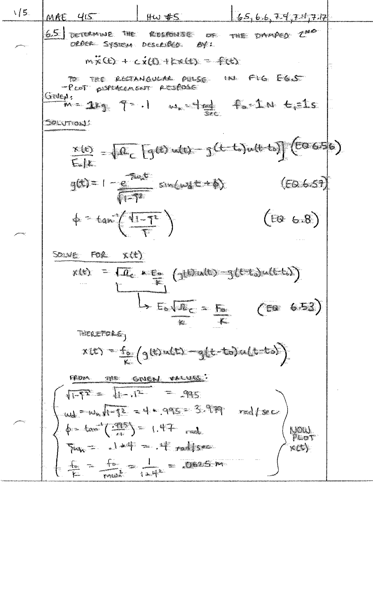 Solved Homework 5 Vibration Analysis Mae 415 Docsity