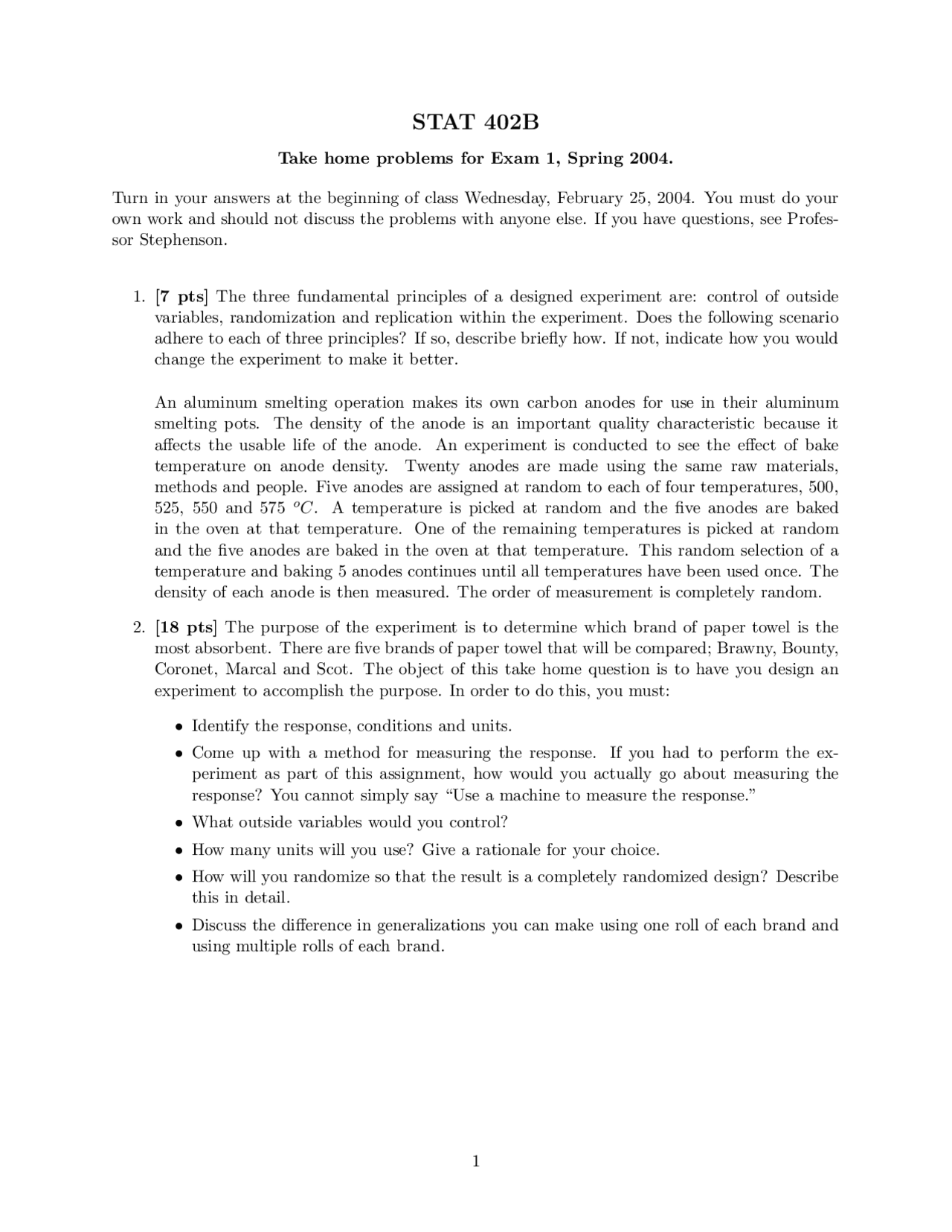 Practice Questions For Exam 1 Statistics Design And Experiments