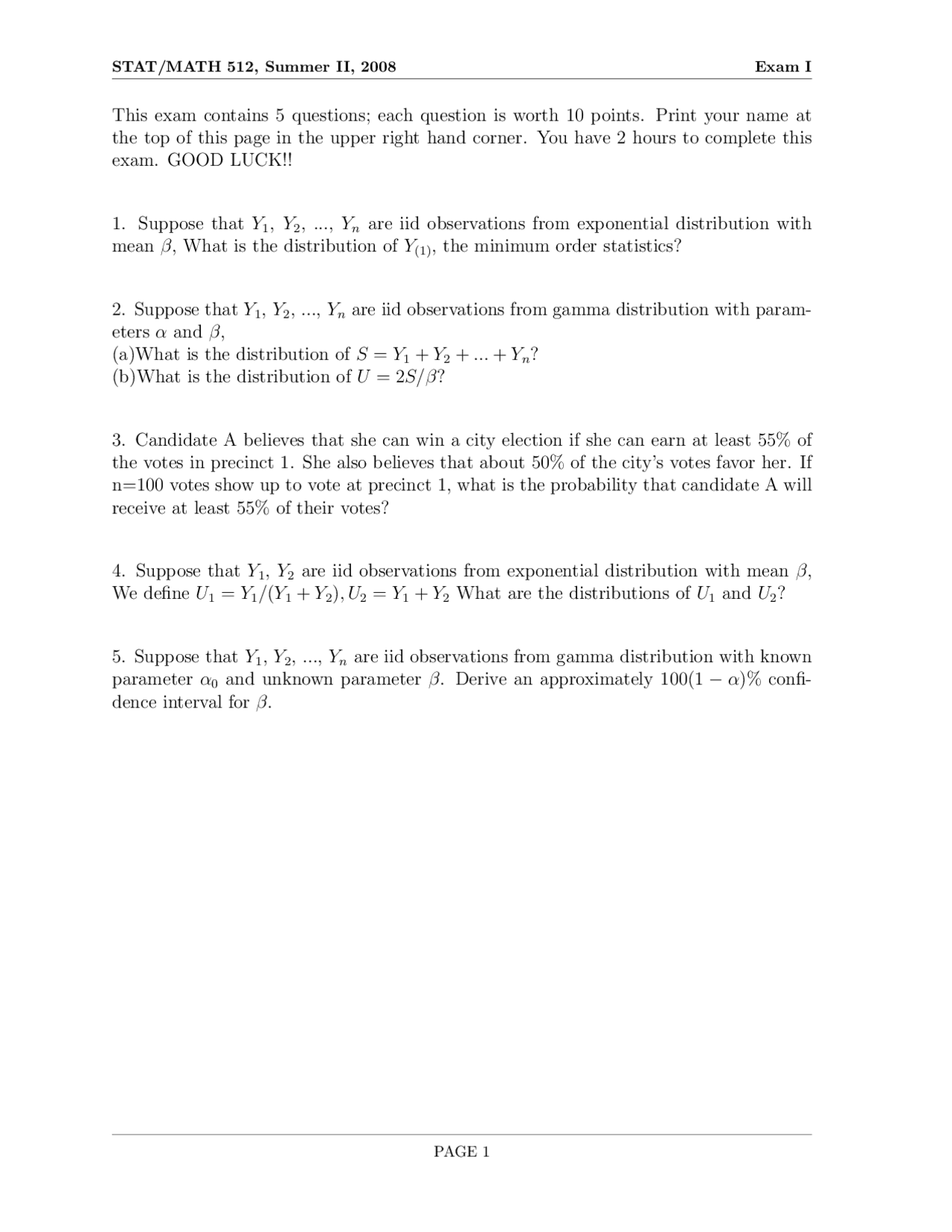 Exam 1 Practice Problems Mathematical Statistics Stat 512 Exams