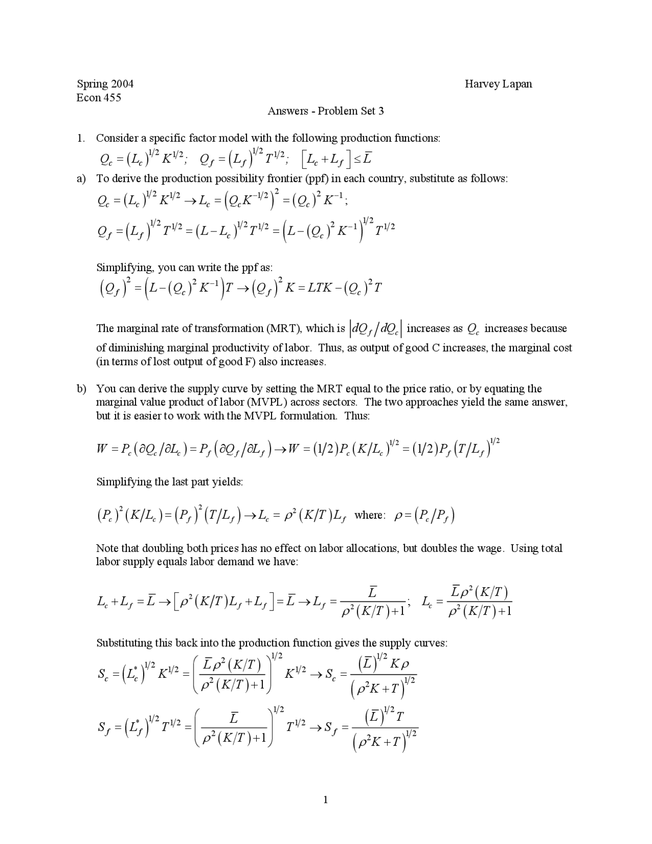 Answers For Problem Set 3 International Trade Econ 455