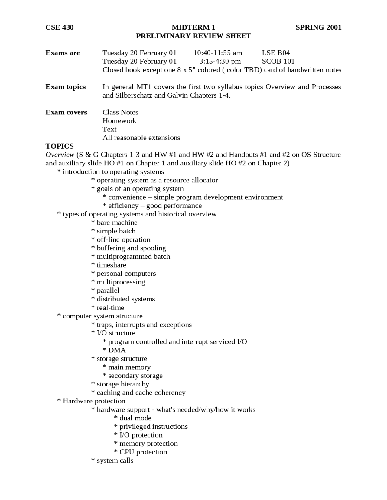 Midterm Preliminary Review Sheet Operating Systems Cse 430 Docsity