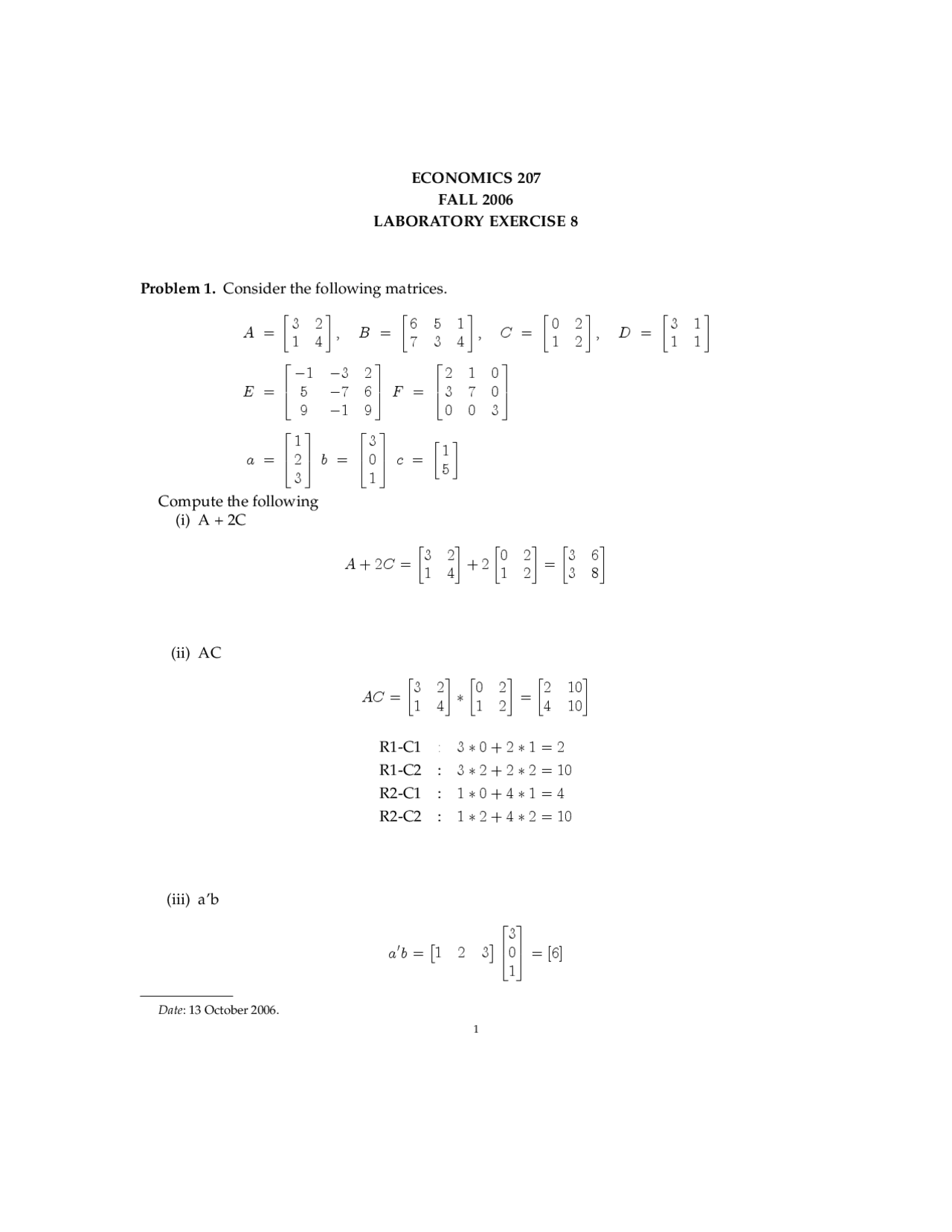 Laboratory Exercise 8 Applied Economic Optimization Econ 207 Docsity
