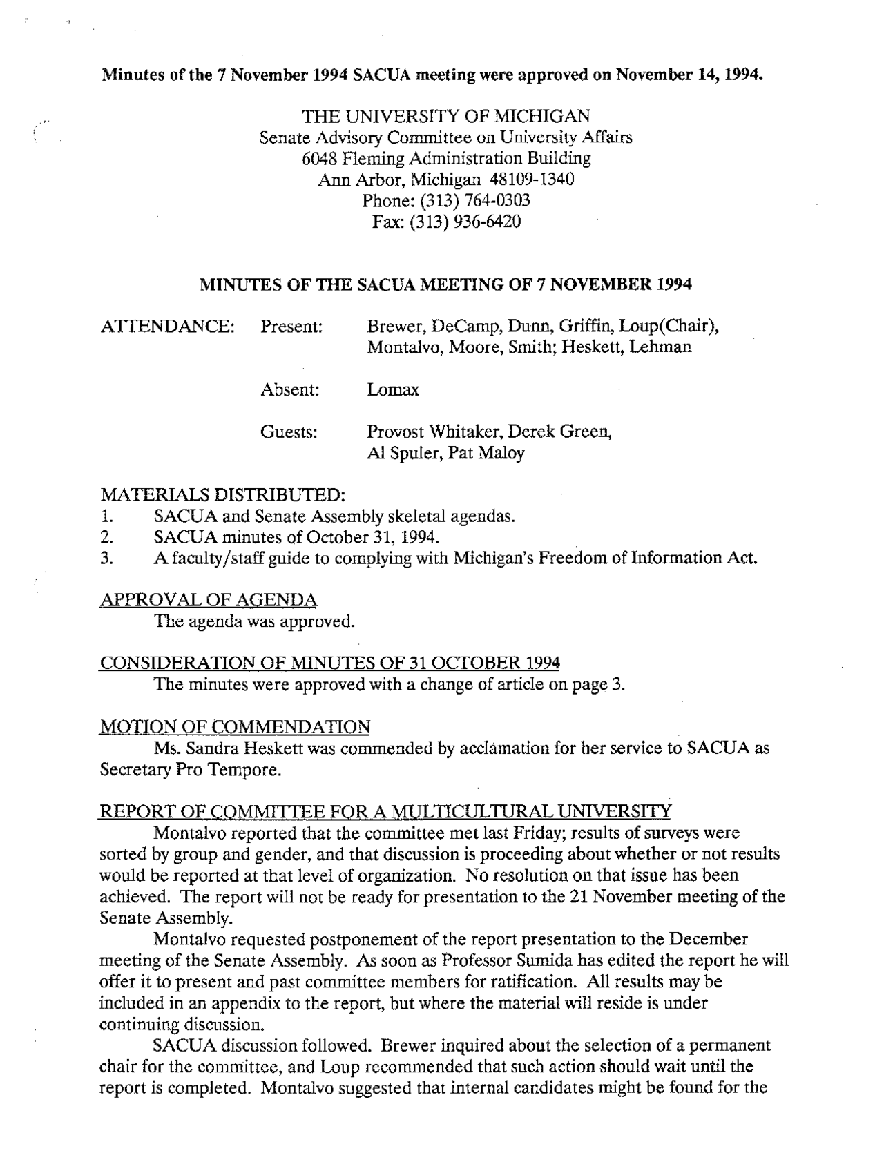 Minutes of the SACUA Meeting of 7 November 1994 | AT 200 - Docsity