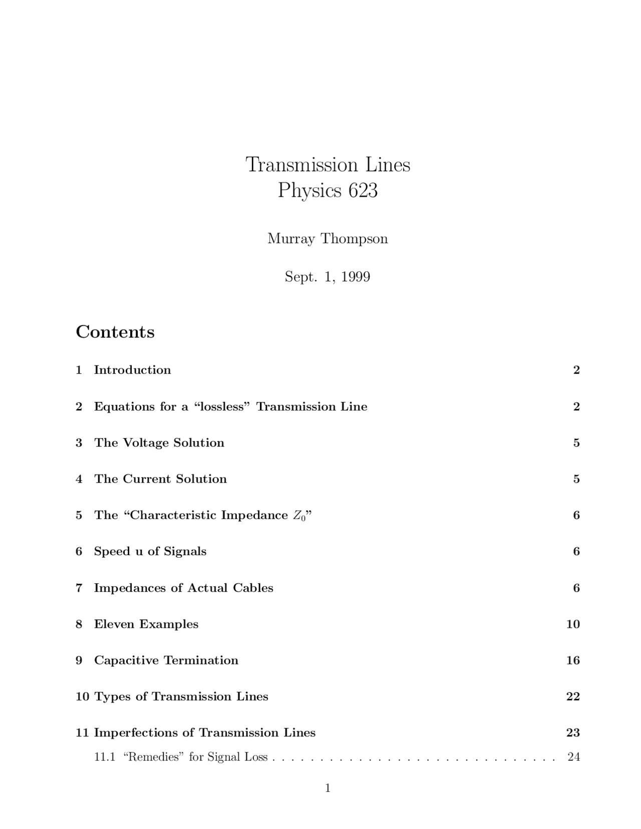 Transmission Lines Lecture Notes Physics 623 Docsity