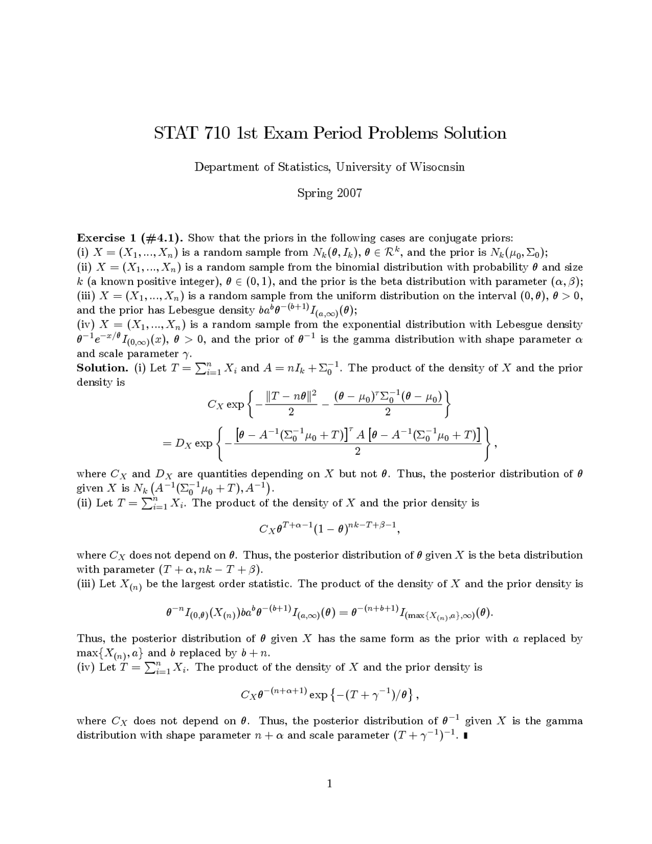 Exam Period Problems Solution For Mathematical Statistics Stat 710