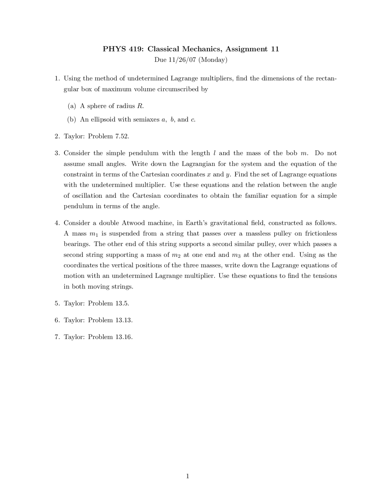 Homework 11 Problems - Classical Mechanics I | PHYS 419 - Docsity