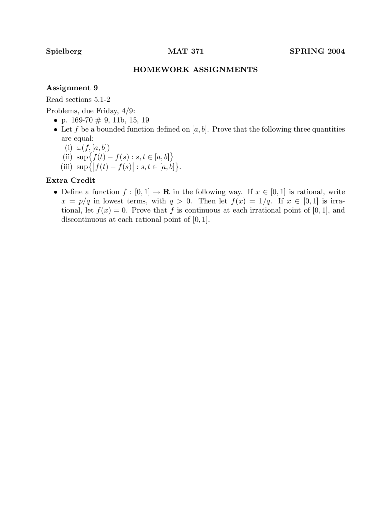 Assignment 9 Questions Advanced Calculus I Mat 371 Docsity
