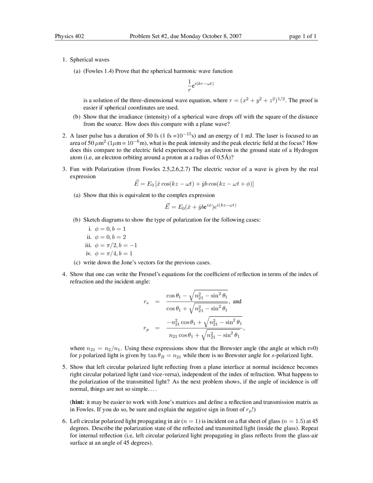 Five Questions On Optics Problem Set Ii Physics 402 Docsity