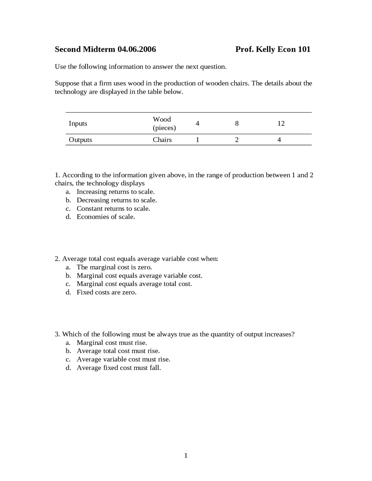 Second Midterm Exam Principles Of Microeconomics Fall 2006 Econ