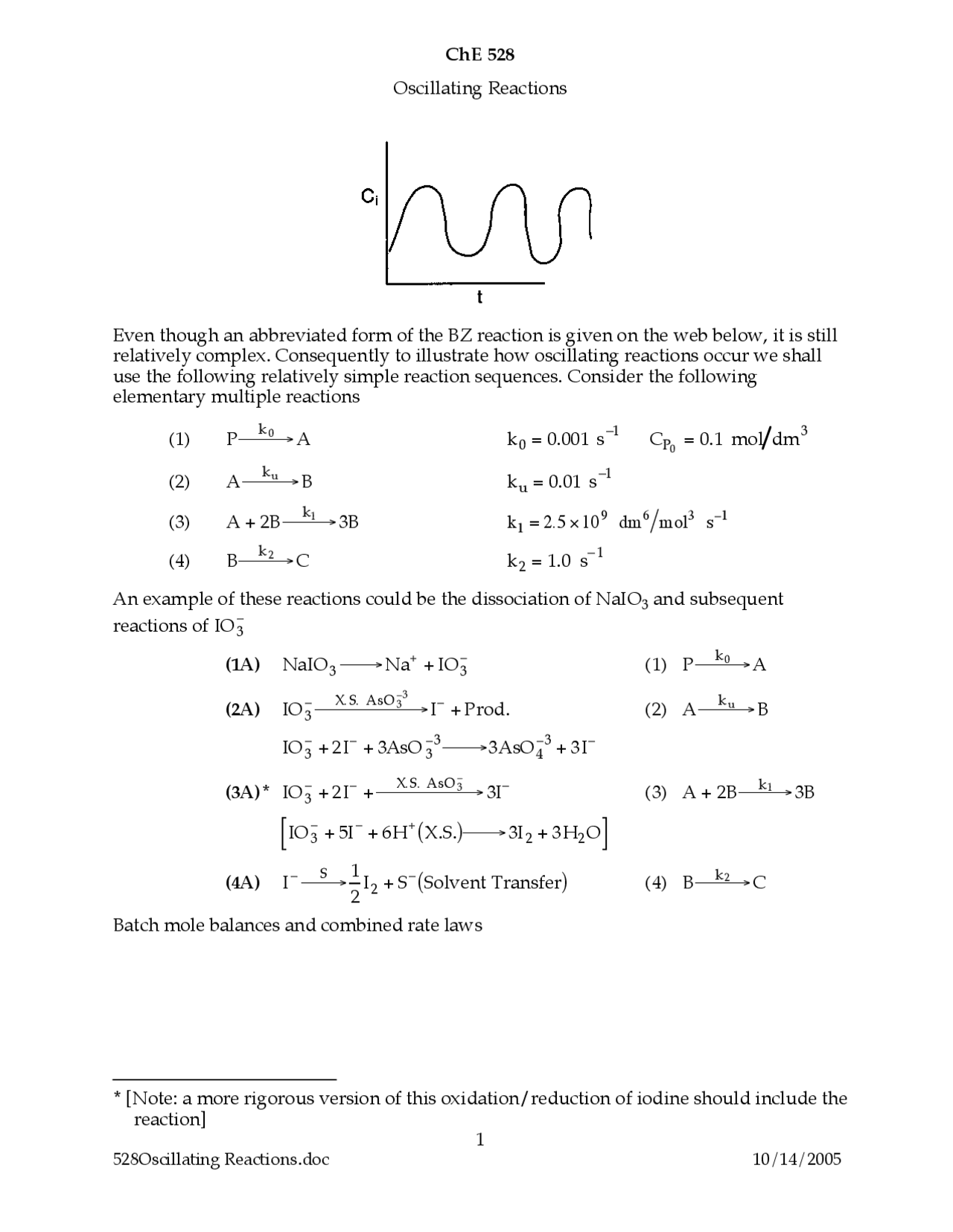 Notes On Oscillating Reactions Reactor Engineering Che 528 Docsity