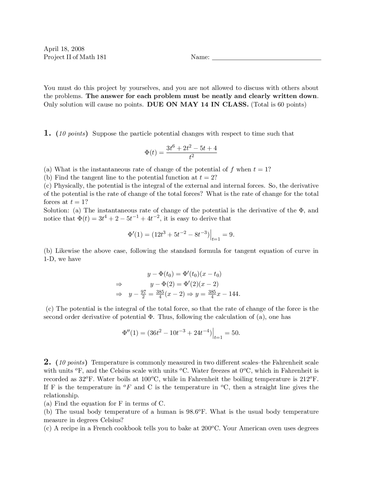 Project 2 with Solution - Life Science Calculus and Model I | MATH 181 ...