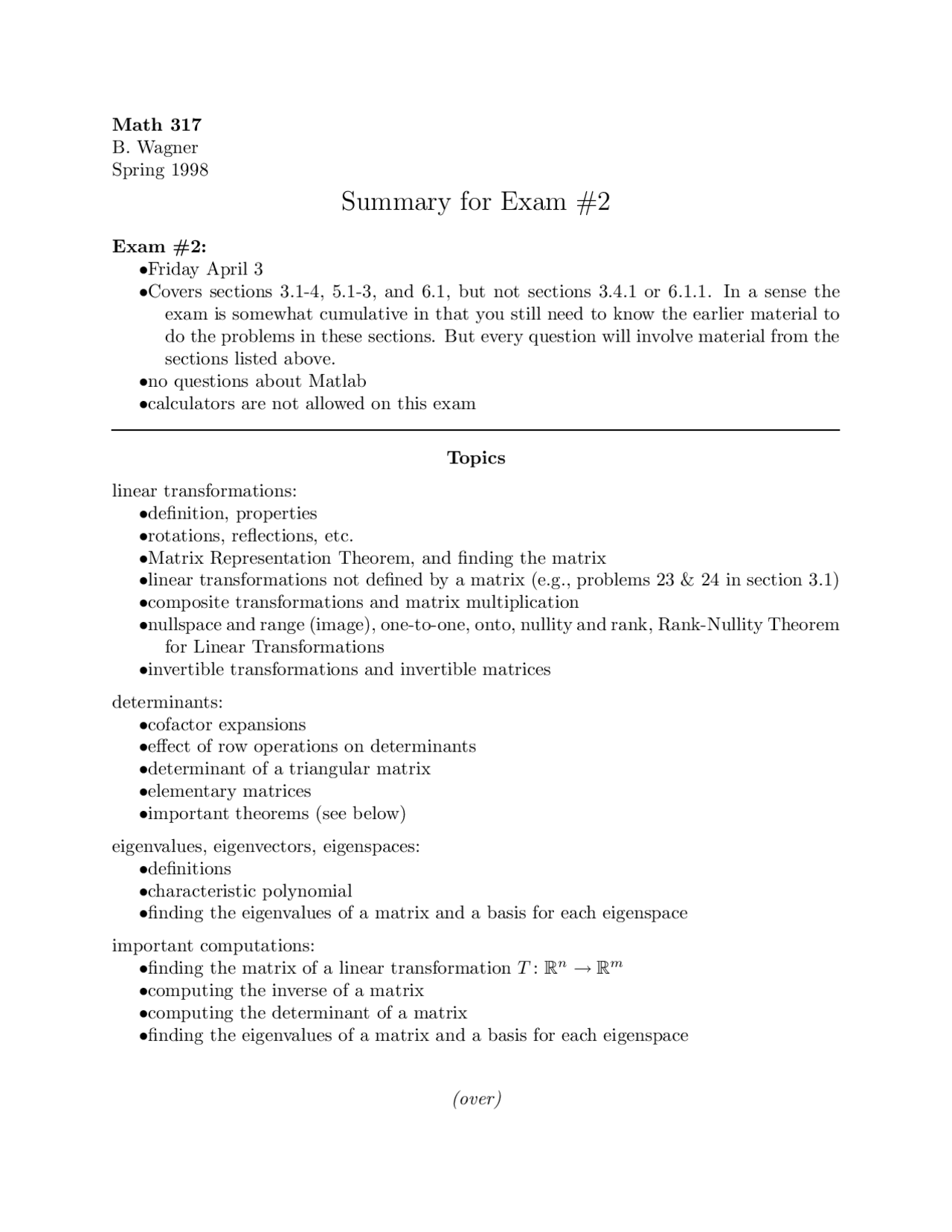 Theory Linear Algebra Review For Exam 2 Math 317 Docsity