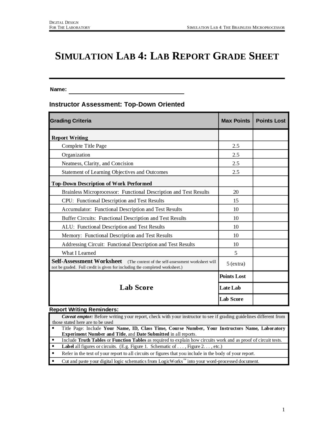 Lab Report Grade Sheet - Digital Design Fundamentals - Simulation Lab ...