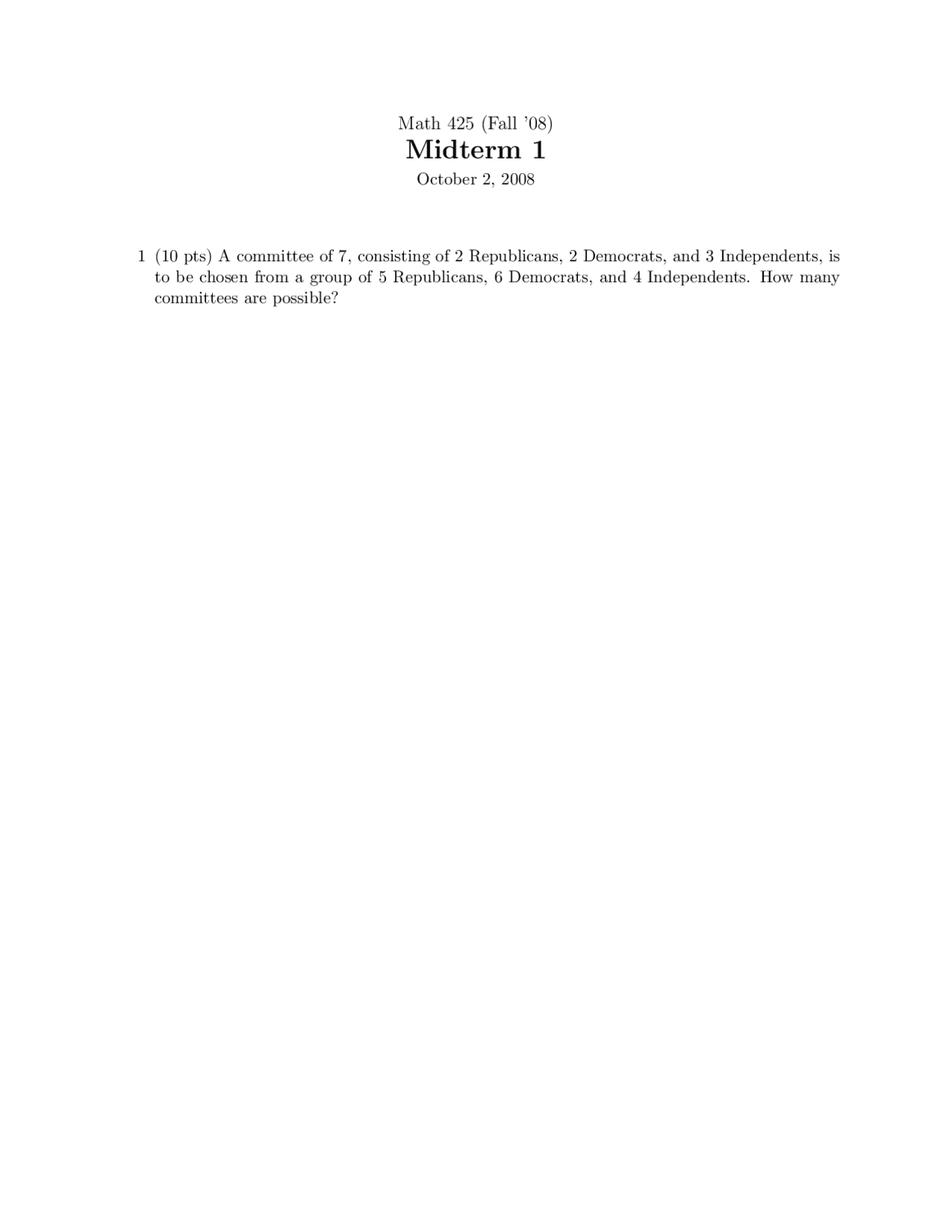 Midterm Exam 1 - Introduction Probability - Fall 2008 | MATH 425 - Docsity