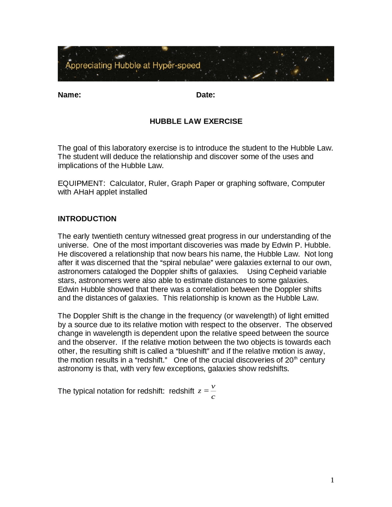 Lab Hubble Law Astronomy Laboratory I Ast 113 Lab Docsity