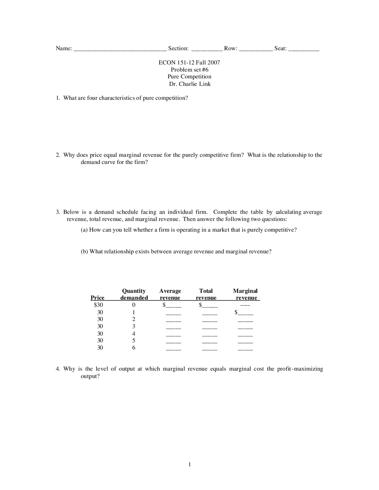 Problem Set 6 For Introduction To Microeconomics Prices And Markets