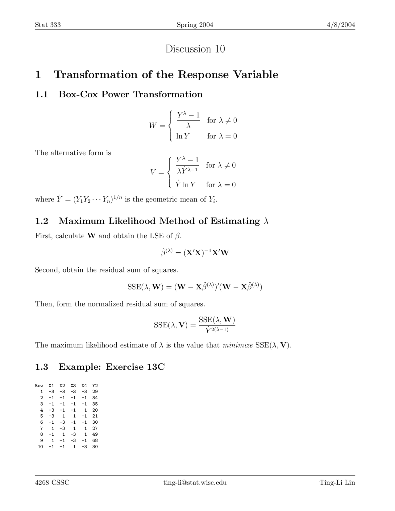 Transformation of the Response Variable - Handout | STAT 333 - Docsity