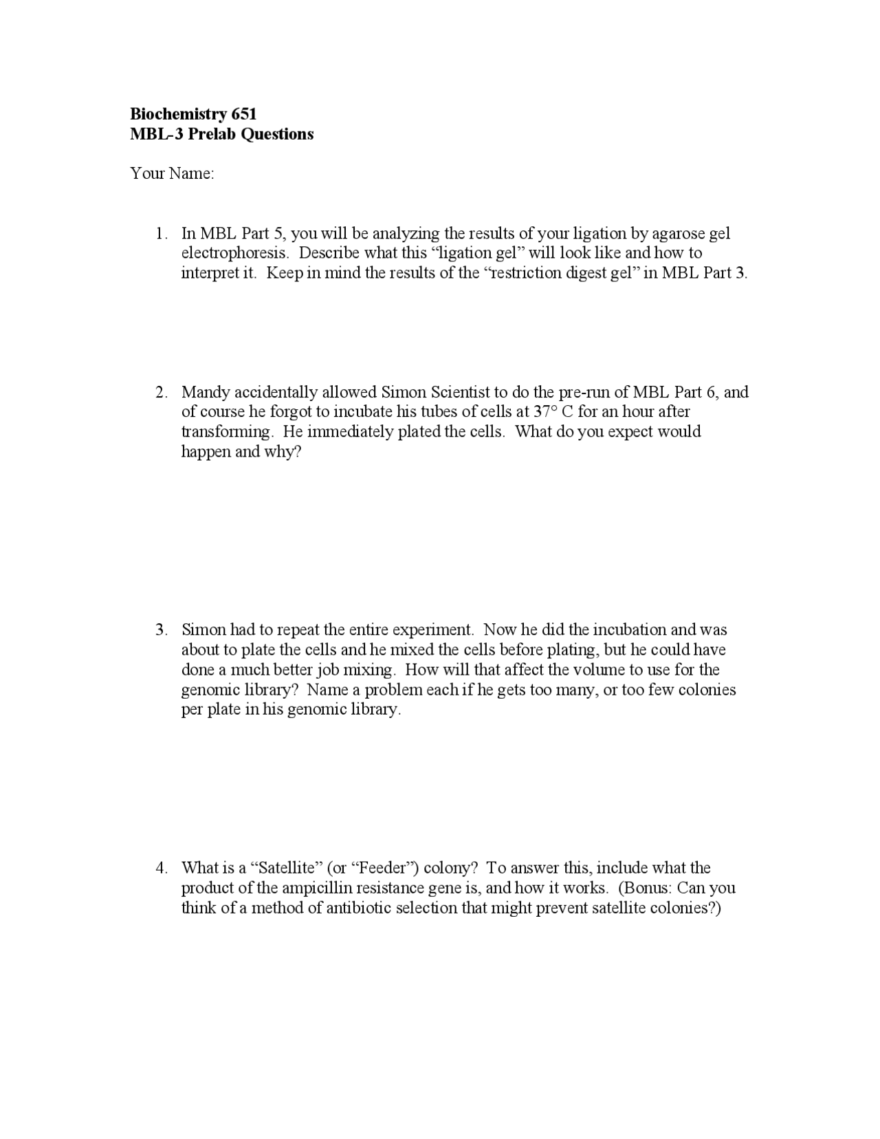 Mbl 3 Pre Lab Questions Biochemical Methods Biochem 651 Docsity